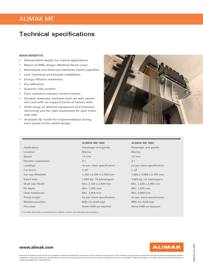 ALIMAK ME Tech Specs 1646 EN Jun 2020 | PDF | Elevator | Specification ...