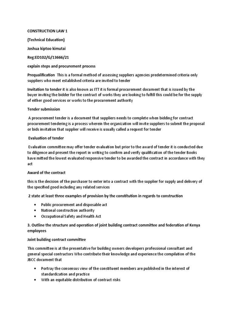 Construction Law Joshua Kiptoo | PDF | Procurement | Employment