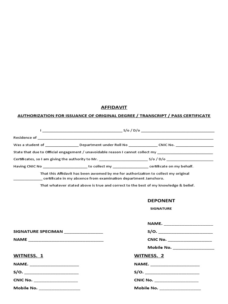 Affidavi Authorization For Issuance of Original Degree Transcript Pass Certificate | PDF