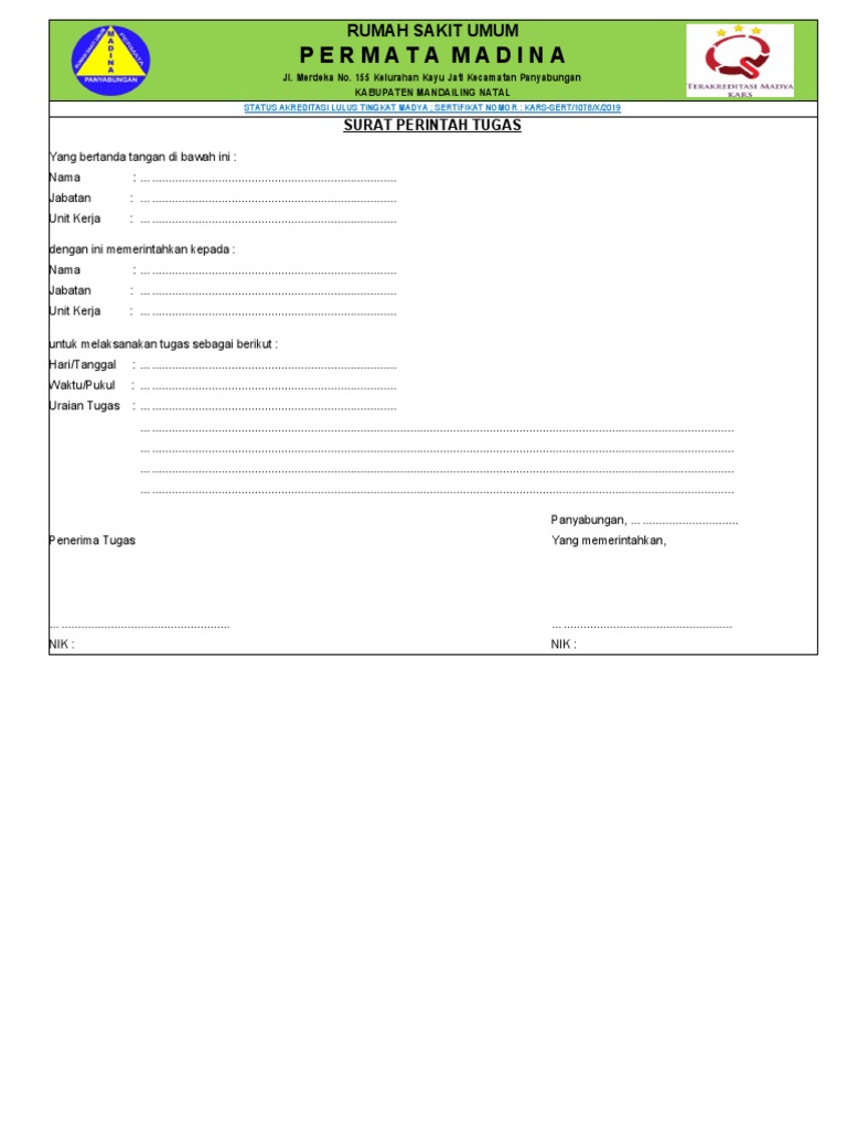 SURAT PERINTAH TUGAS DI RUMAH SAKIT UMUM PERMATA MADINA | PDF