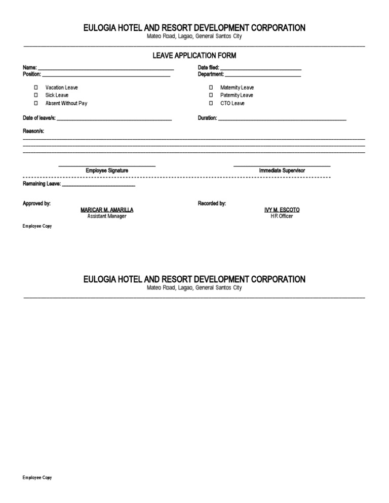 Hotel Leave Application Form | PDF