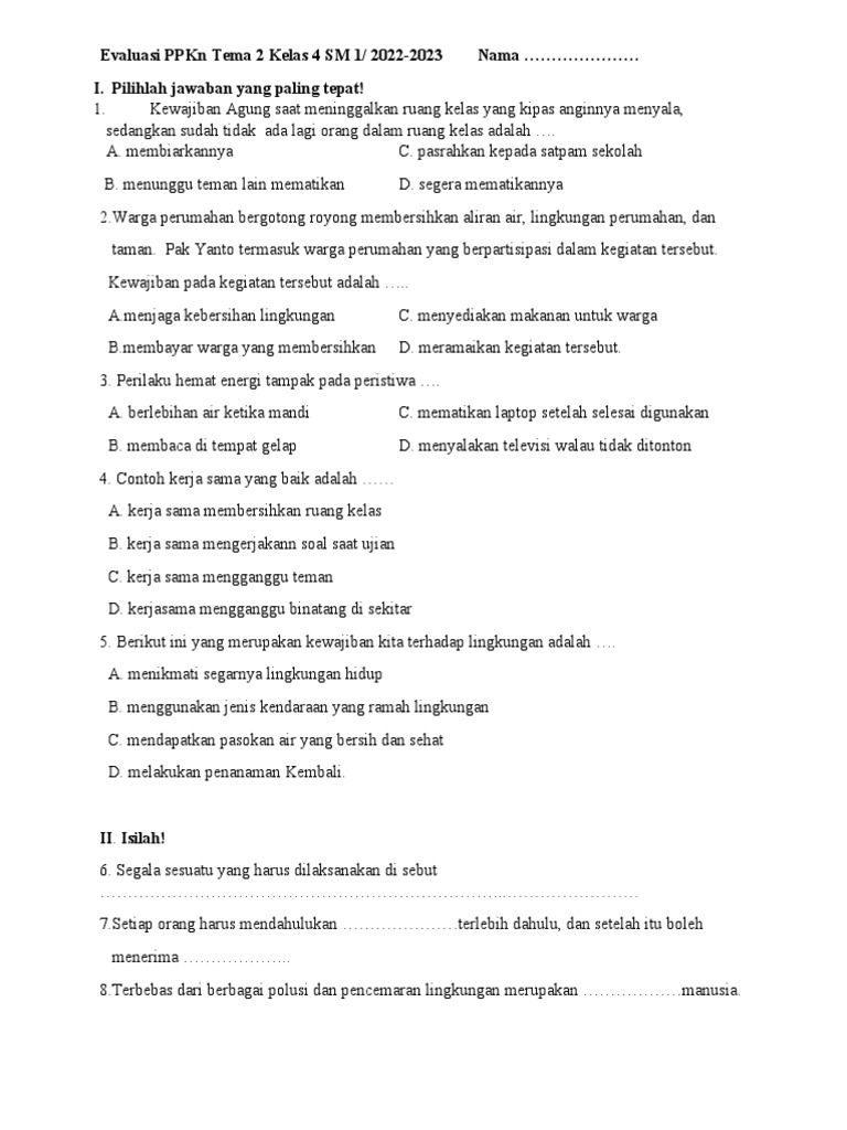 Evaluasi PPKN Tema 2 Kelas 4 SM 1 | PDF