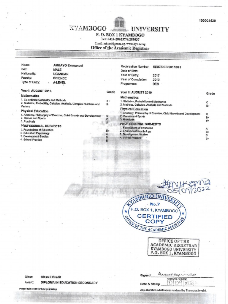 AMBAYO EMMANUEL - Transcript - Certified PDF | PDF