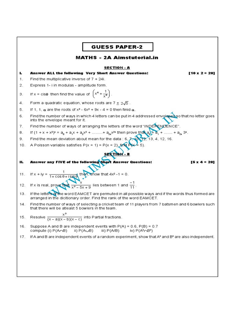 2a Guess Paper 2 PDF | PDF | Mathematical Concepts | Mathematical Objects