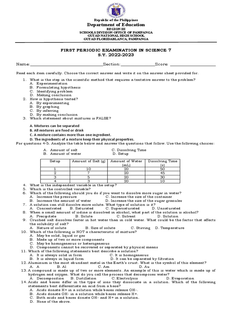 Science 7 First Periodic Examination 2022 2023 | PDF | Metals | Hydroxide
