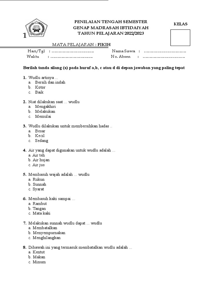 UTS Fikih Sem Genap Kelas I MIN 3 Balam TA 2022-2023 (Soal 10 PG 10 ISIAN) | PDF