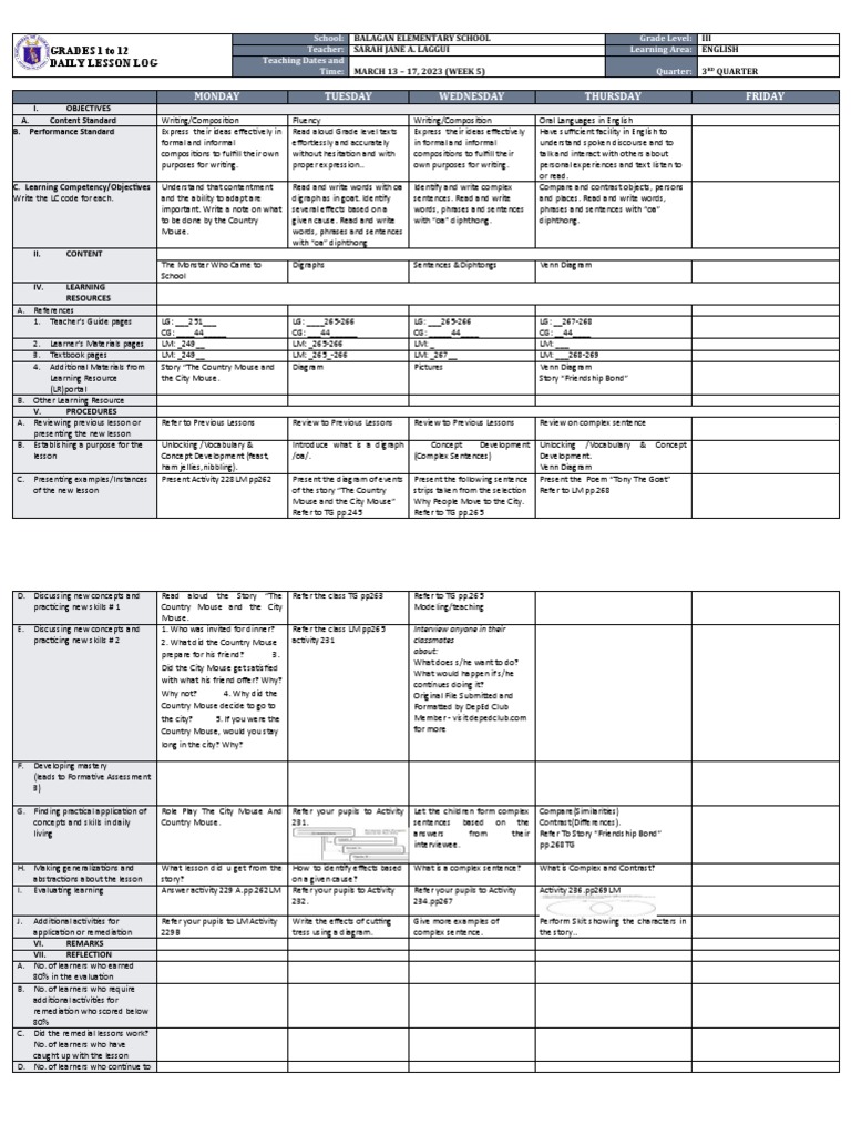 DLL - English 3 - Q3 - W5 | PDF | English Language | Literacy