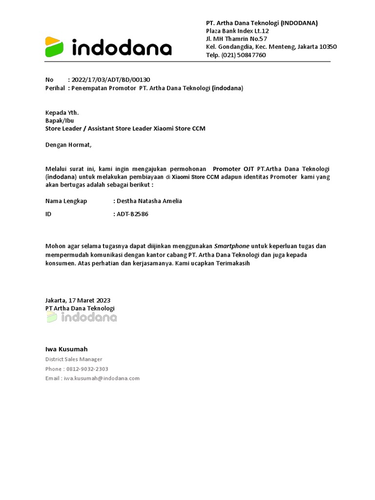 Surat Tugas Promoter Indodana | PDF