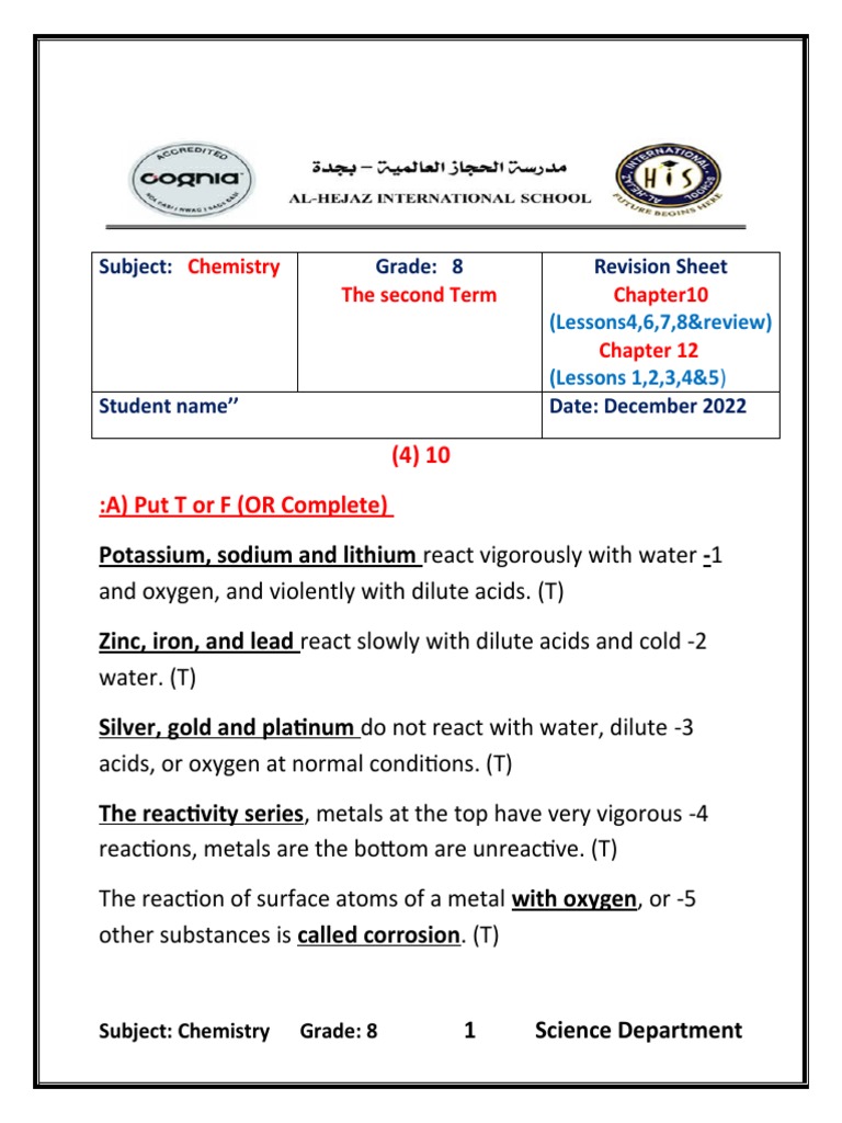 Chemistry Revision Sheet Grade 8 2nd TERM 2022-2023 | PDF | Chemical Reactions | Magnesium