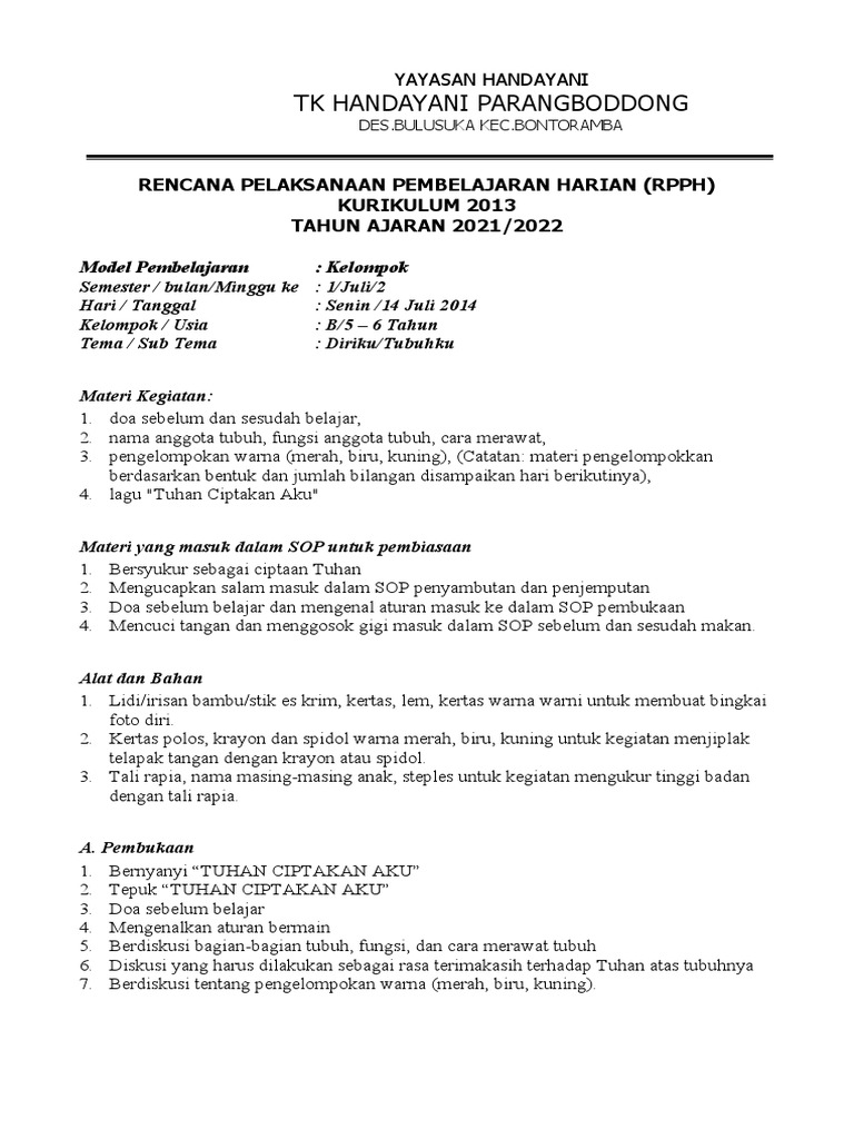 RPPH PAUD: Pengembangan Bahasa Usia Dini | PDF