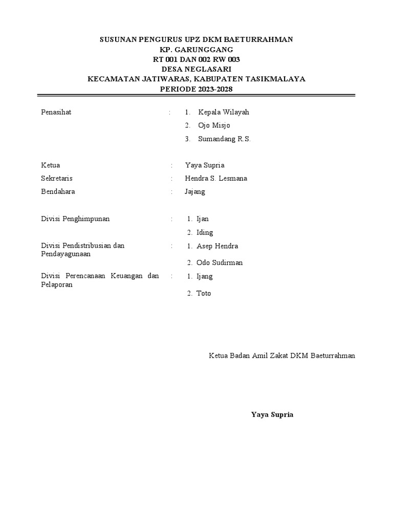 Susunan Pengurus UPZ DKM Baeturrahman | PDF