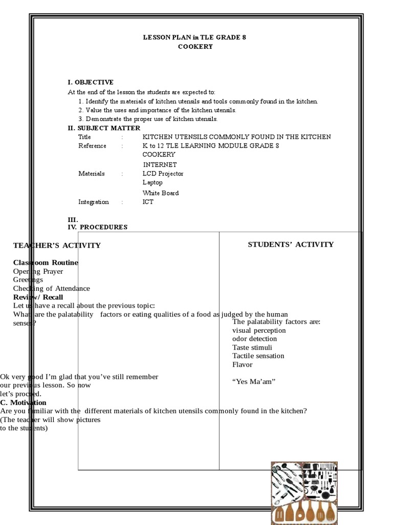 Detailed Lesson Plan in Tle Kitchen Uten | PDF | Kitchen Utensil | Spoon