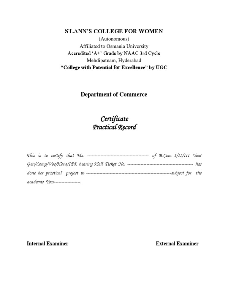 Certificate Practical Record: ST - Ann'S College For Women | PDF