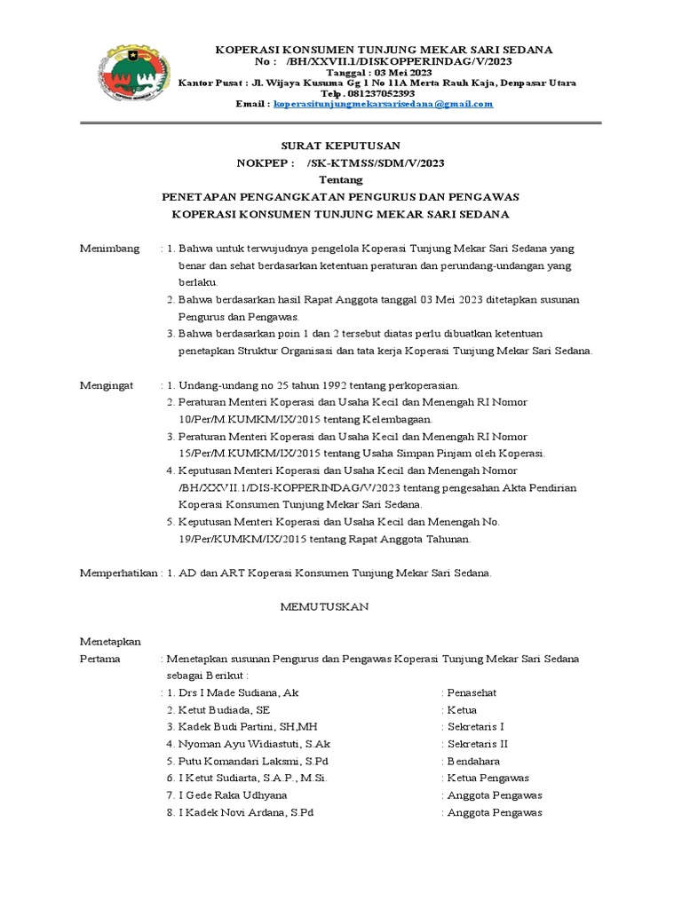 Surat Keputusan Pengangkatan Pengurus Dan Pengawas | PDF