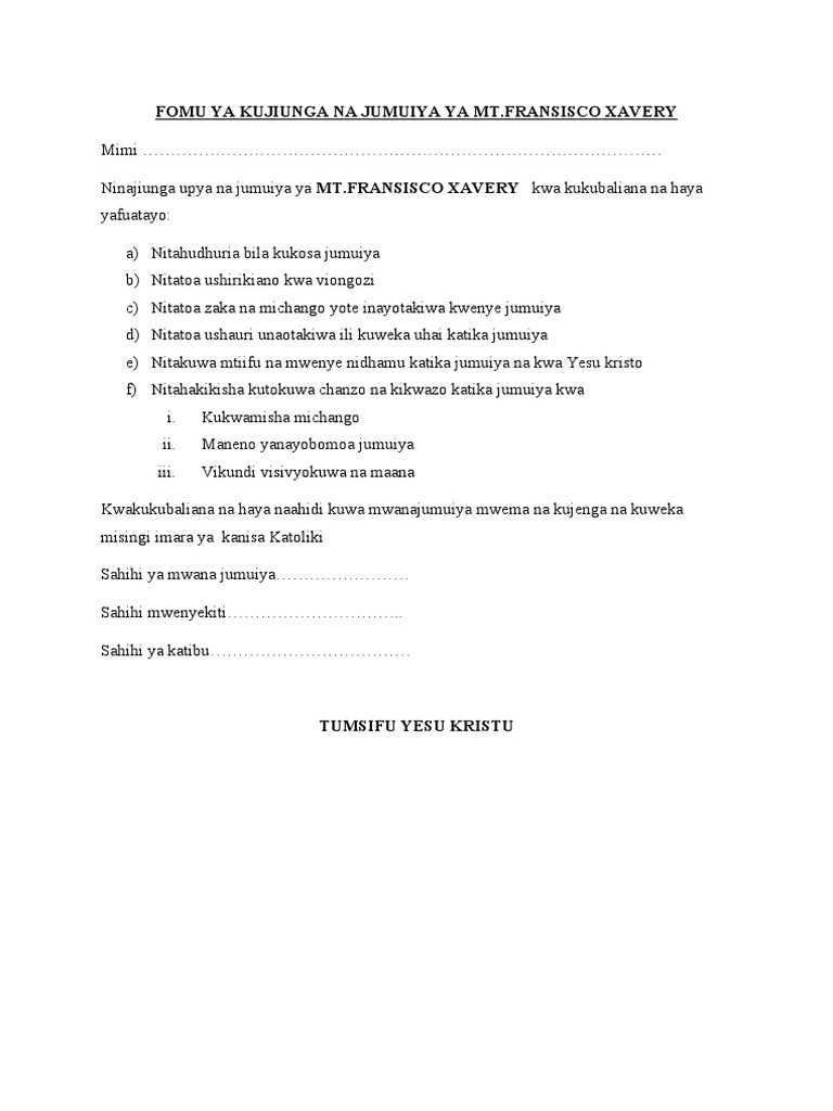 Fomu Ya Kujiunga Na Jumuiya Ya MT | PDF