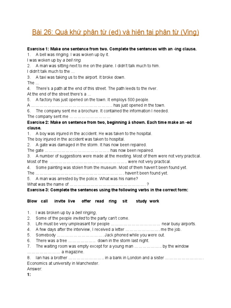 Bài 26 - Quá khứ phân từ (ed) và hiện tại phân từ (Ving) | PDF ...