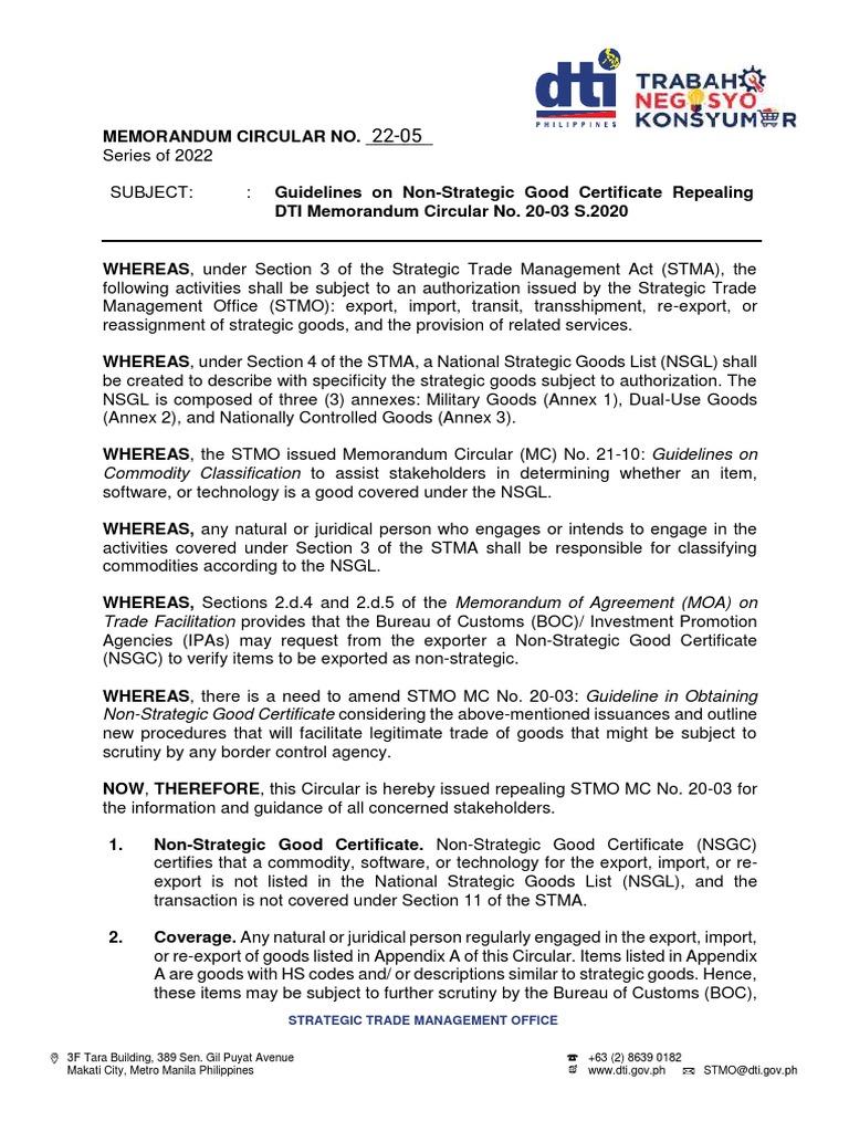 DTI Memorandum Circular No. 22-05 - Non-Strategic Good Certificate ...