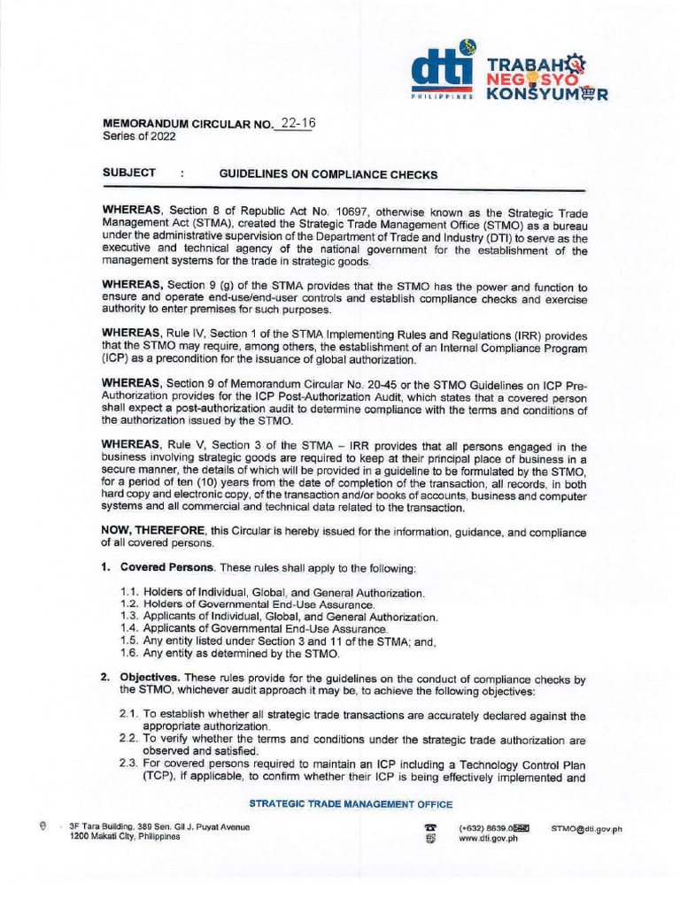 DTI Memorandum Circular No. 22-16 - Compliance Check | PDF