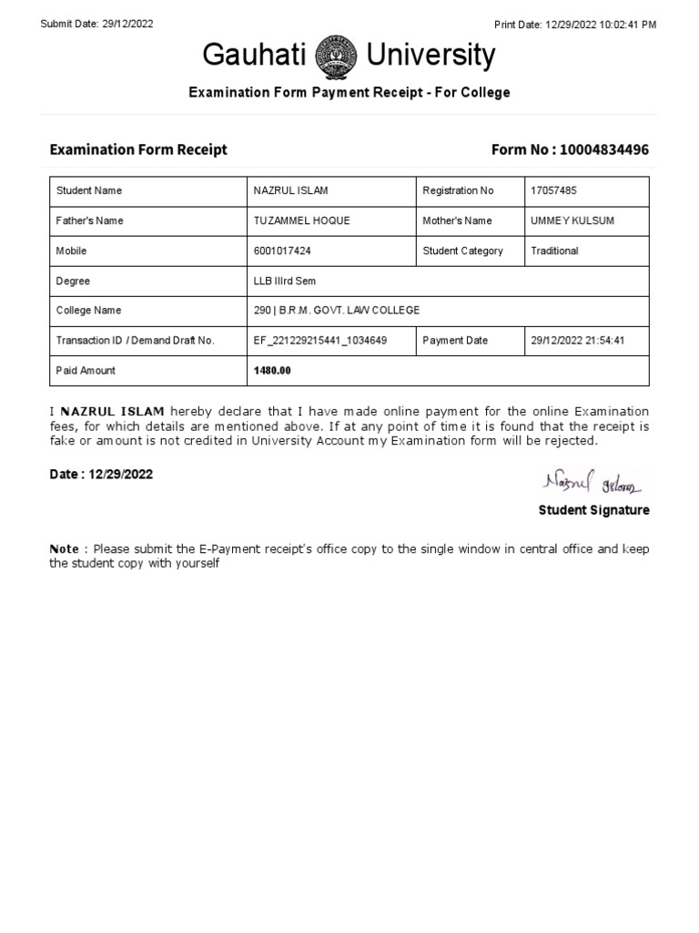 NAZ 3RD Exam Form Payment Receipt - 100317 | PDF | Receipt | Payments