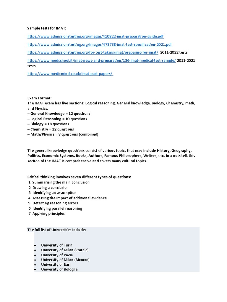 IMAT Tests and Info | PDF