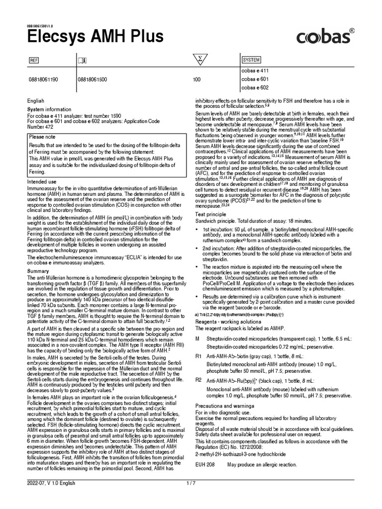 Insert - Elecsys AMH Plus.08818061500.V1.en | PDF | Detection Limit ...