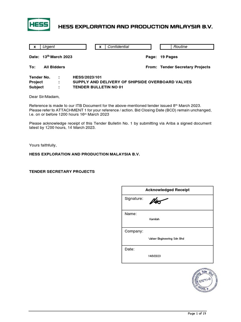 Tender Bulletin No. 01 for Valves Supply | PDF