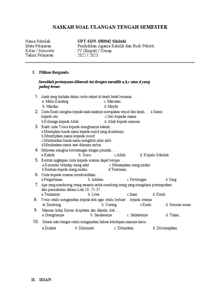 Naskah Soal Uts KLS 4 | PDF
