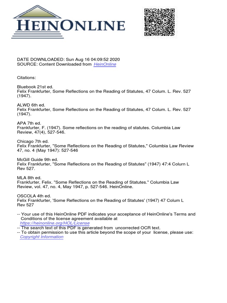 Felix Frankfurter, Some Reflections On The Reading of Statutes, 47 ...