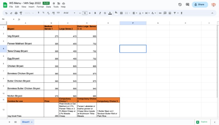 WS Menu - 14th Sep 2022.xlsx - Google Sheets | PDF