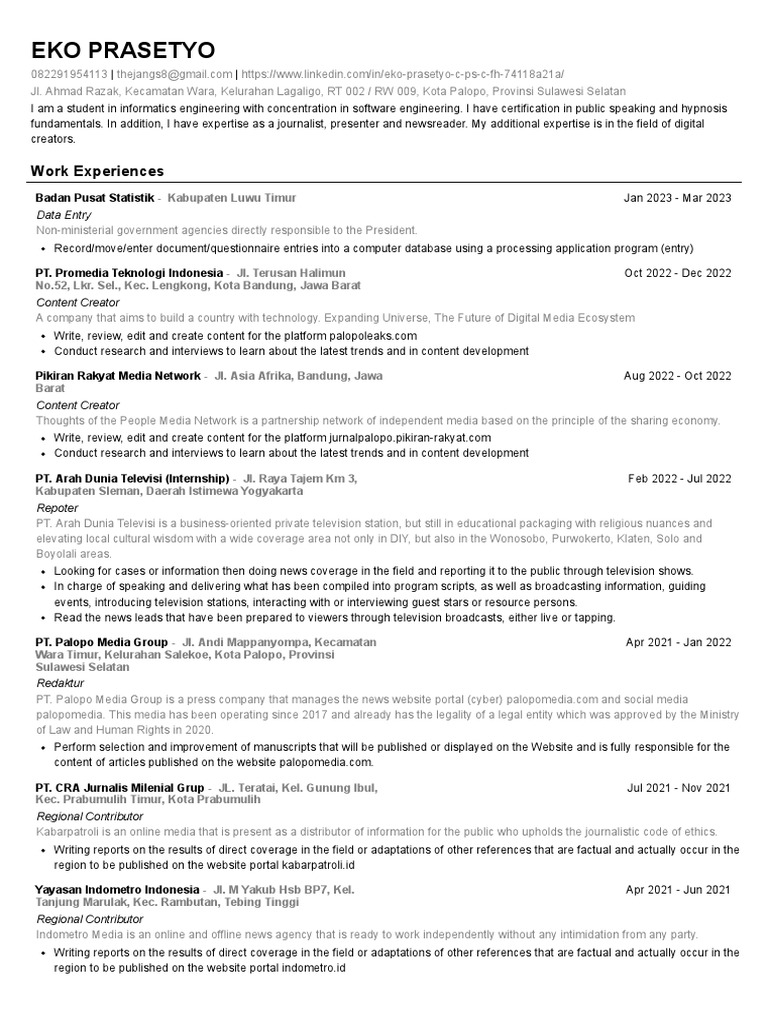 CV Eko Prasetyo Lengkap PDF | PDF | Computing