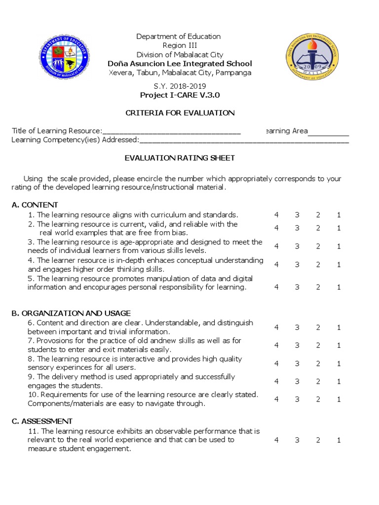 Project Icare Evaluation Form | PDF | Learning | Experience