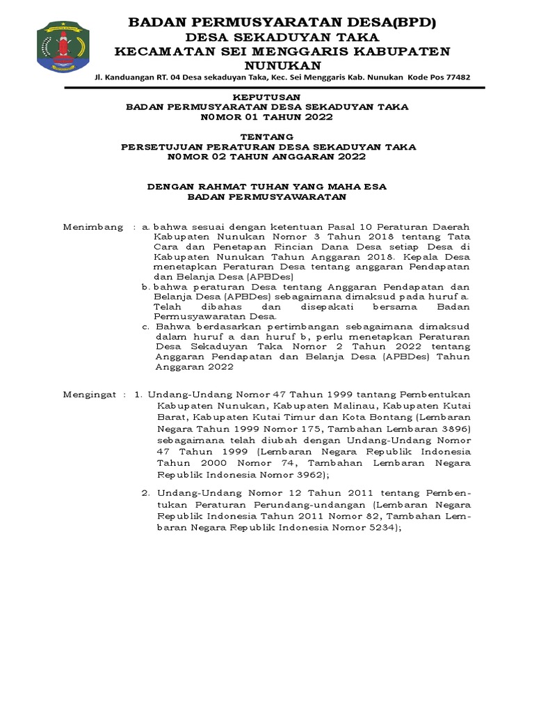 SK Persetujuan BPD TTG Perdes Apbdes 2022 | PDF