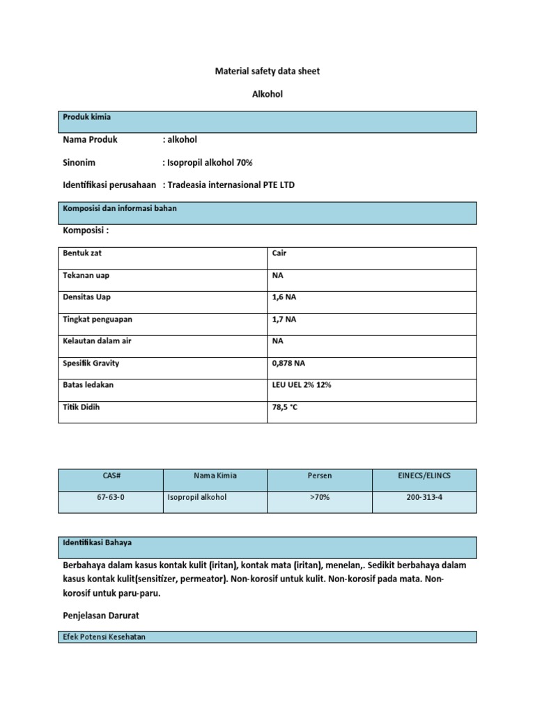 MSDS Isopropil Alkohol 70% | PDF | Memasak, Makanan, & Anggur ...