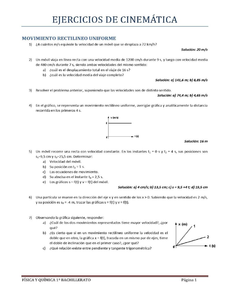 TEMA 8. Ejercicios Cinemática 1º Bach (Con Solución) | PDF
