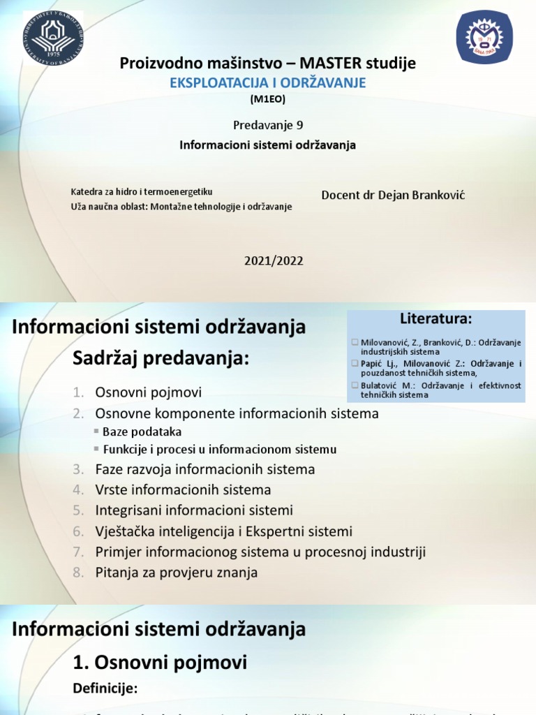 Predavanje 9 - Informacioni Sistemi Održavanja PDF | PDF