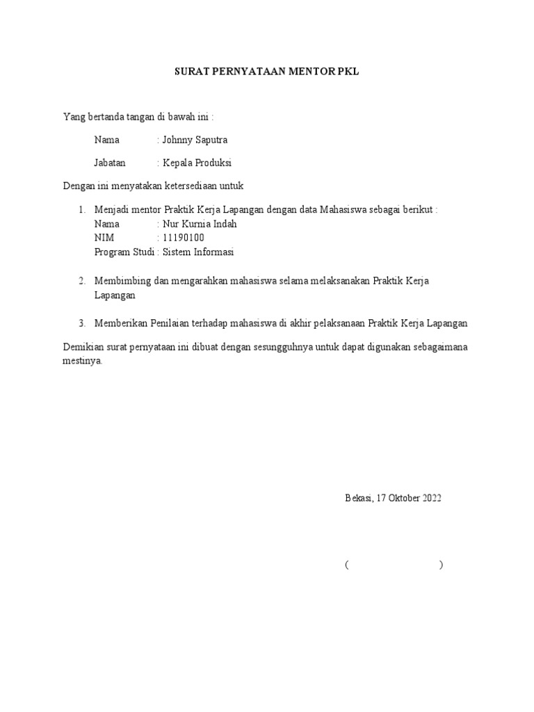 Surat Pernyataan Mentor PKL Johnny Saputra | PDF | Komputer | Teknologi ...