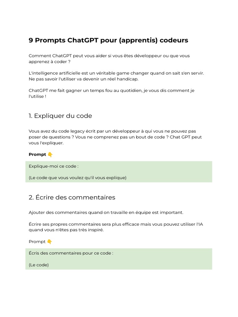 9 Prompts ChatGPT Pour Apprentis Codeurs | PDF | Intelligence artificielle | Intelligence (IA ...