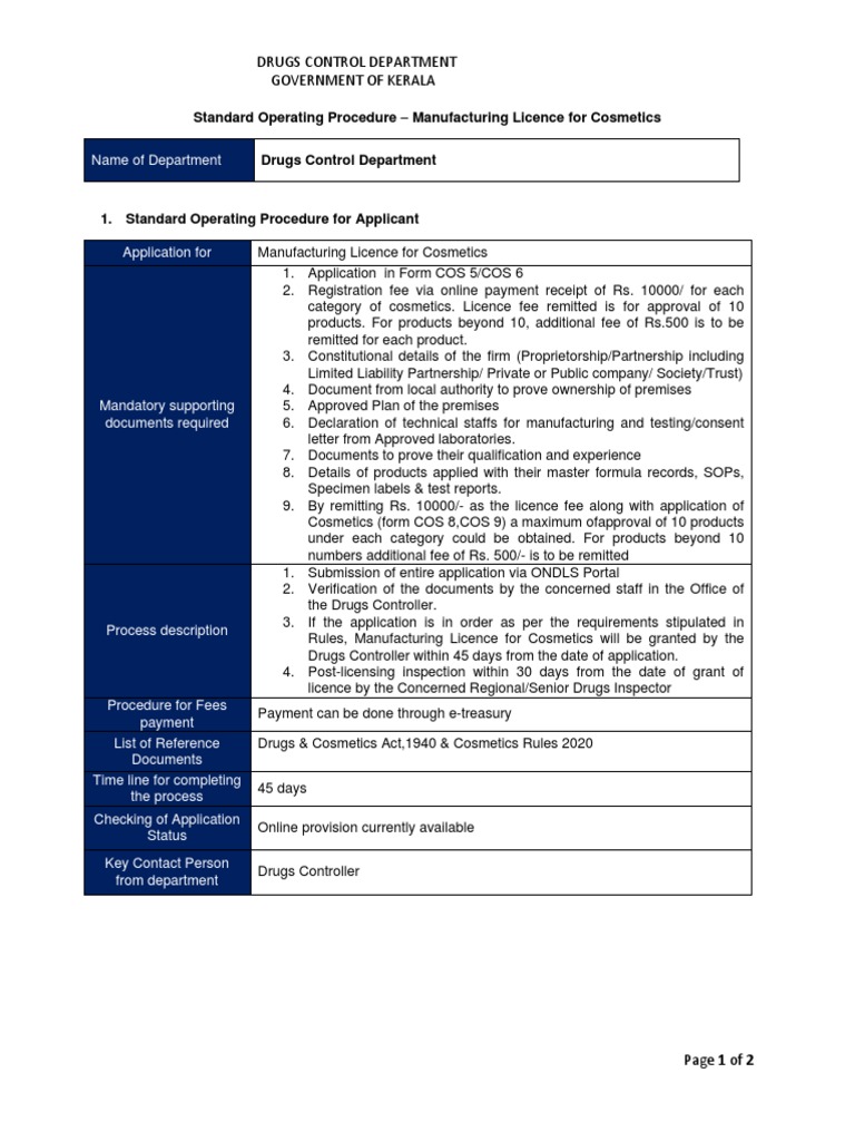 SOP for Cosmetic Manufacturing License | PDF | Cosmetics | License