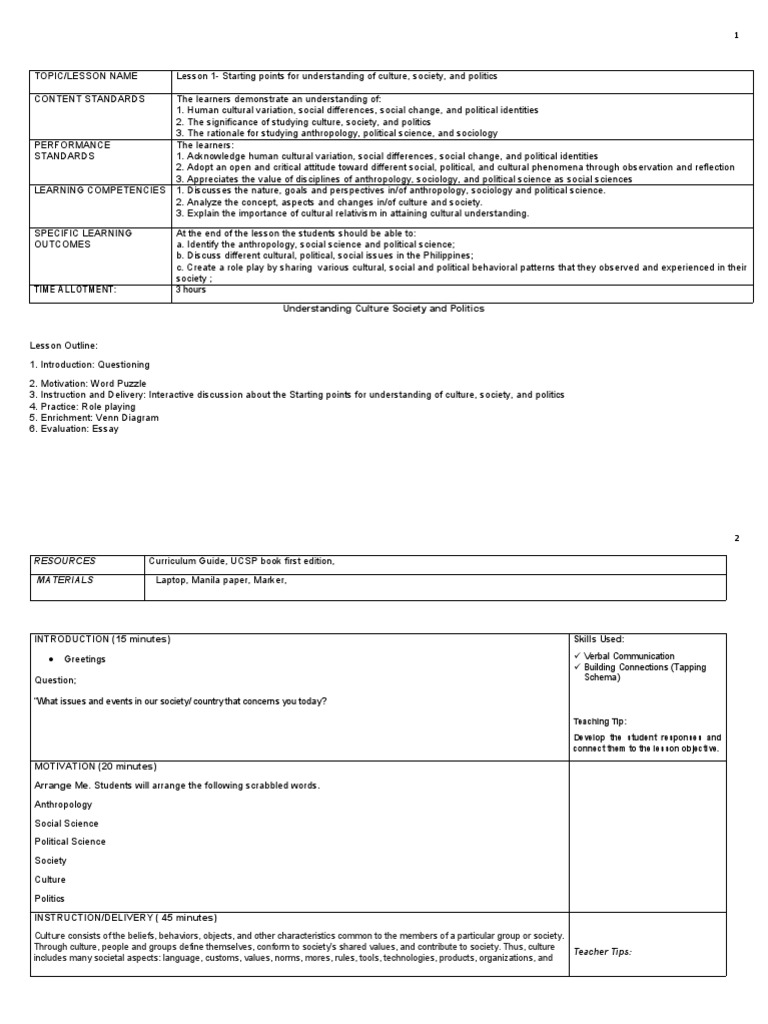 TG - UCSP (Lesson 1) Starting Points For The Understanding of Culture ...