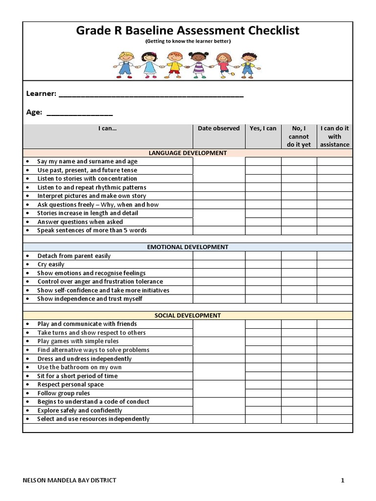 Grade R Baseline Assessment Checklist | PDF