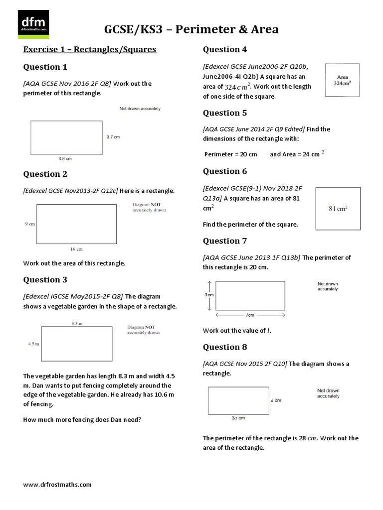 GCSE/KS3 - Perimeter & Area: Exercise 1 - Rectangles/Squares | PDF ...