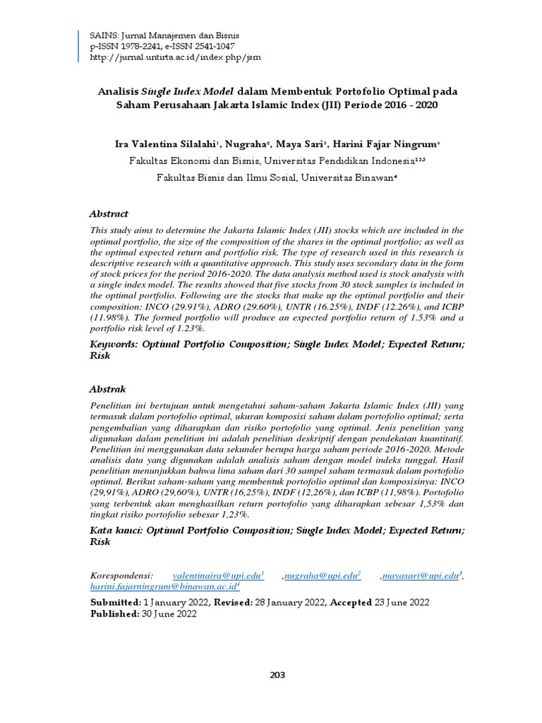 Analisa Single Index Model Dalam Membentuk Portofolio Optimal Pada ...