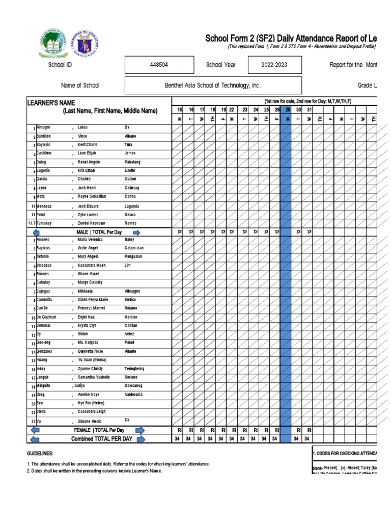 School Form 2 (SF2) Daily Attendance Report of Learners | PDF ...