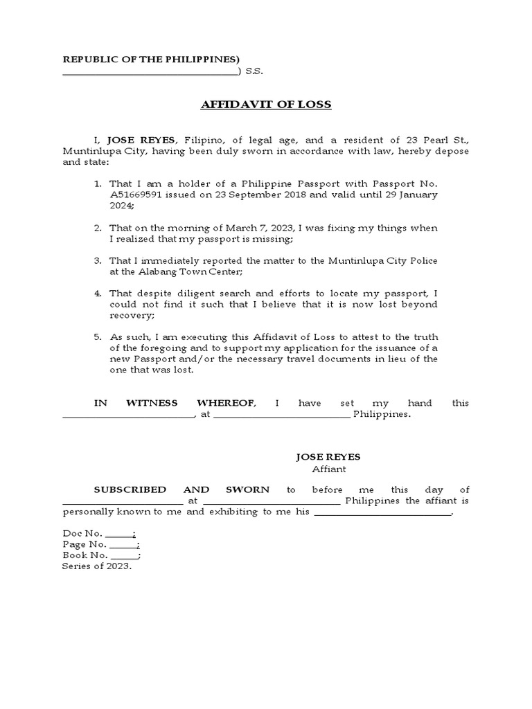 Affidavit of Loss (Passport) | PDF