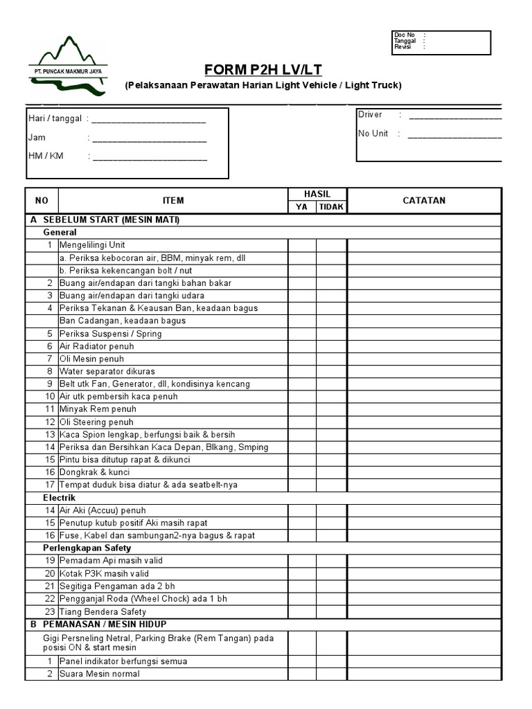 Form P2H Perawatan Kendaraan LV/LT | PDF | Bisnis | Teknologi & Rekayasa