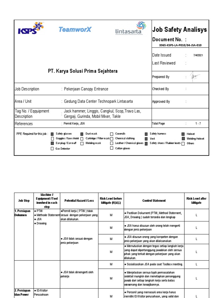 JSA Pekerjaan Canopy Entrance TTD | PDF