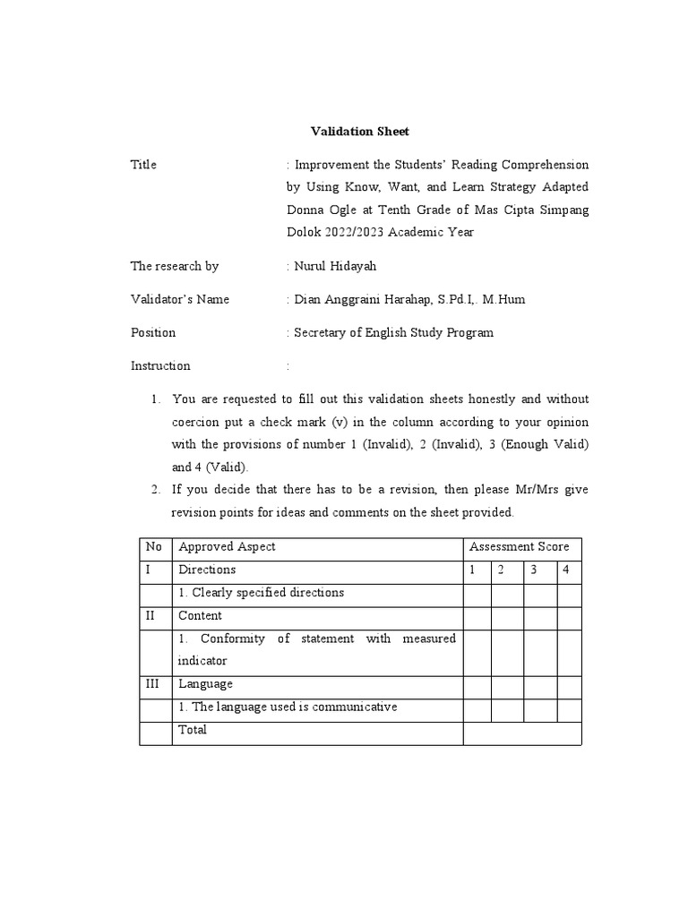 Validation Sheet Nurul Hidayah | PDF
