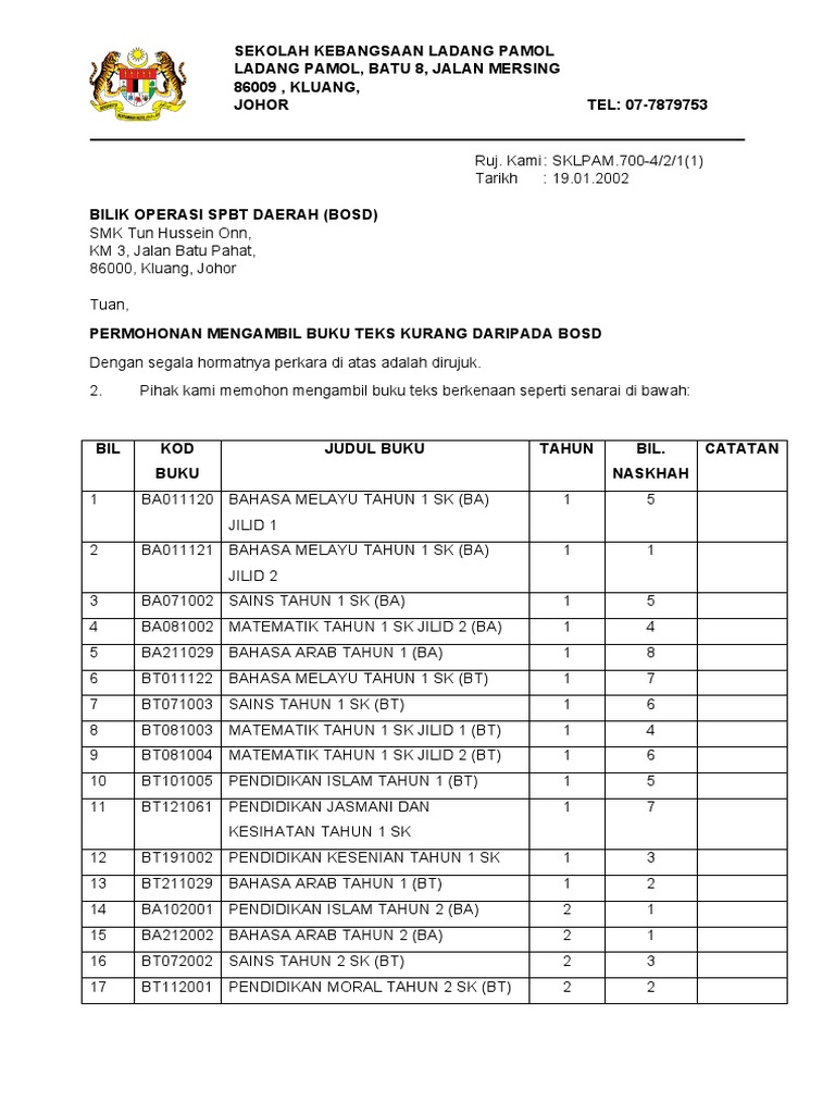 Surat Permohonan Mengambil Buku Teks Kurang Daripada Bosd Tahun | PDF