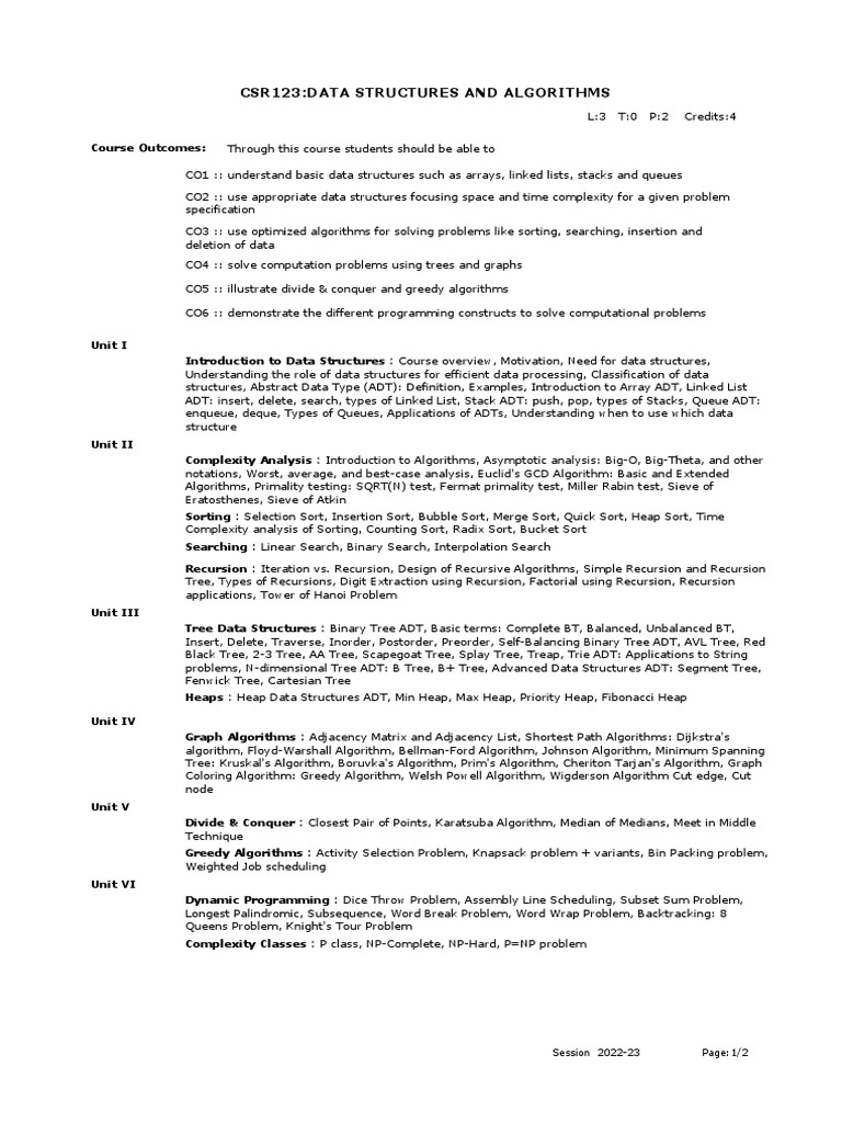 Csr123:Data Structures and Algorithms: Session 2022-23 Page:1/2 | Download Free PDF ...
