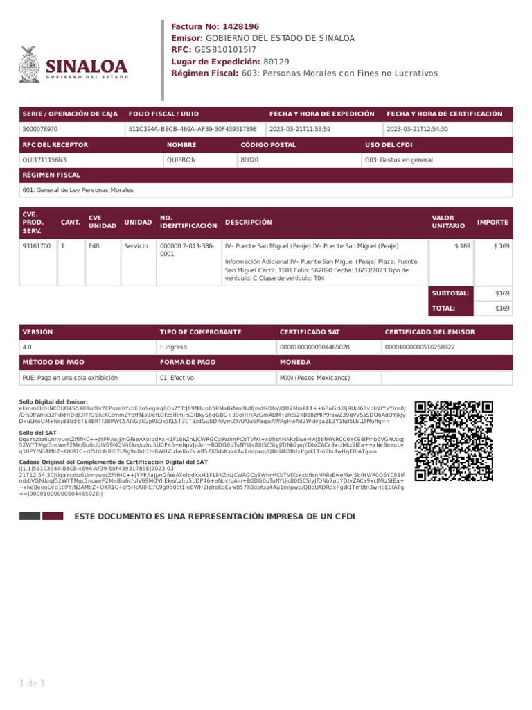 Factura No: 1428196 Emisor: RFC: Lugar de Expedición: Régimen Fiscal ...